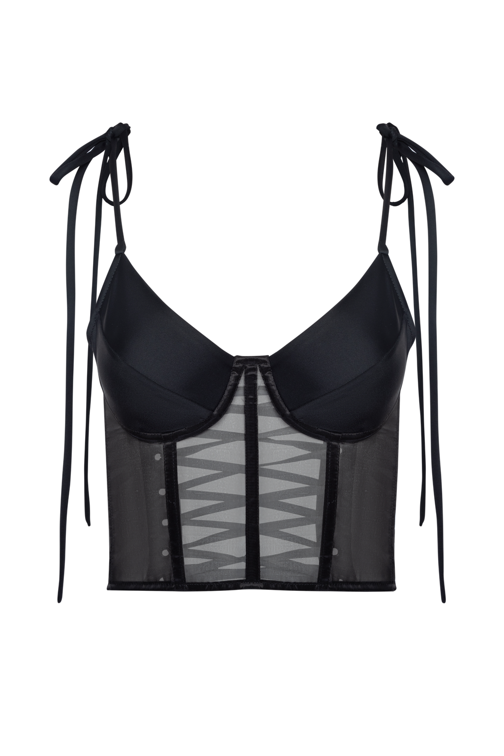 Short lace-up corset with soft cups — made from elastic mesh for a snu ...
