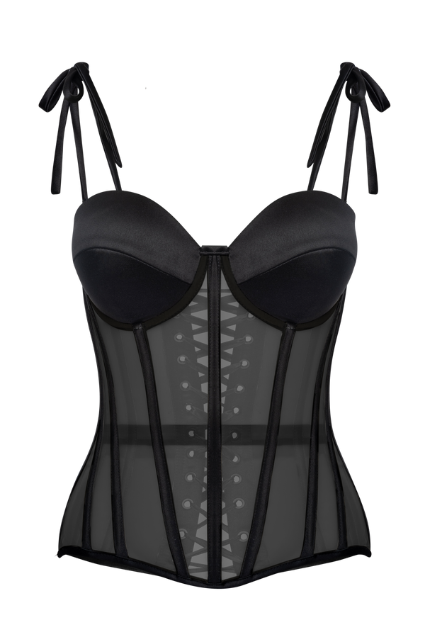 Black Mesh Corset Top With Black Satin Cups Steel Bones Custom Corset