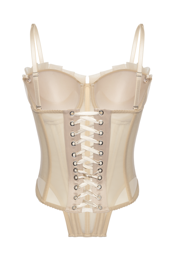 Beige Mesh Corset Top With Folds Cups, Removable Straps Nude Crop Top ...